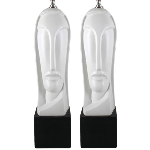 Pair of Ceramic Stylized Face lamps at 1stDibs