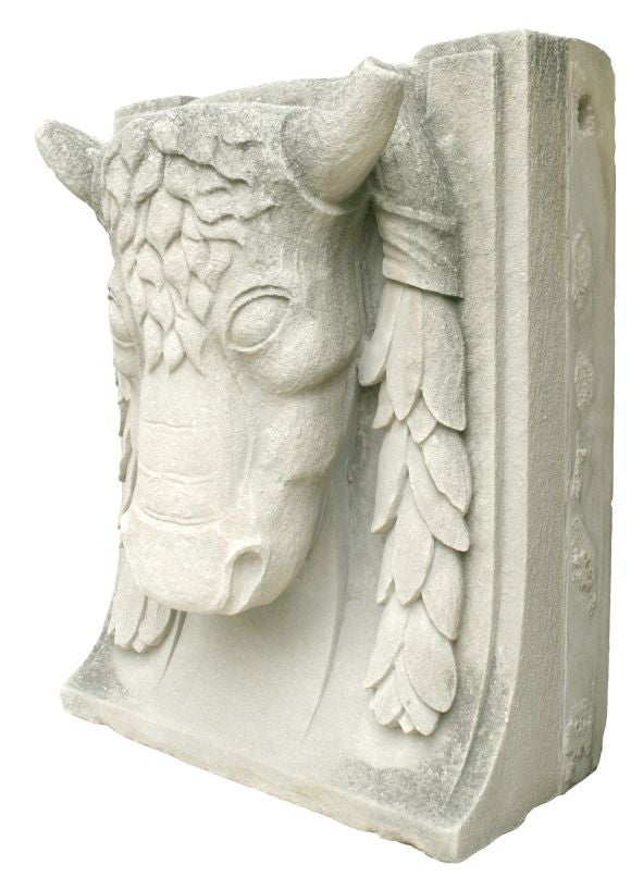 CARVED LIMESTONE BULL HEAD WITH GARLAND at 1stDibs