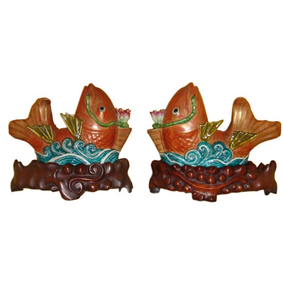 Pair Chinese ceramic fish candlesticks at 1stDibs
