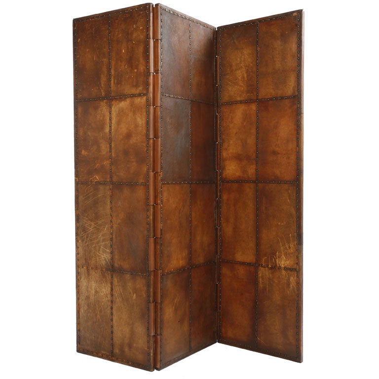 Masculine Leather Screen with Nailheads at 1stDibs