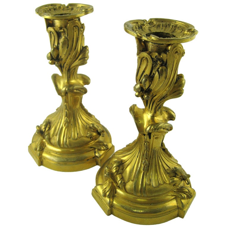 PAIR Rococo Gilt-Bronze Candlesticks, c. 1880 at 1stDibs