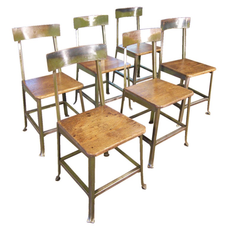 Set of 6 Vintage Industrial Wood and Metal Factory Chairs at 1stDibs