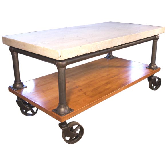 Marble and Butcher Block Work Table / Island at 1stDibs