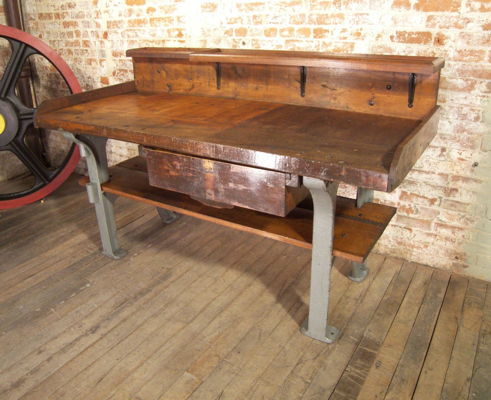 Vintage Industrial Wood And Cast Iron Work Table At 1stdibs