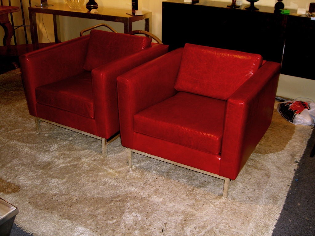Red Distressed Leather cube chairs probably by Florence Knoll at 1stDibs