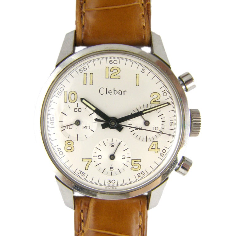 Clebar SS 3 Register Manual Wind Chronograph circa 1950's at 1stDibs