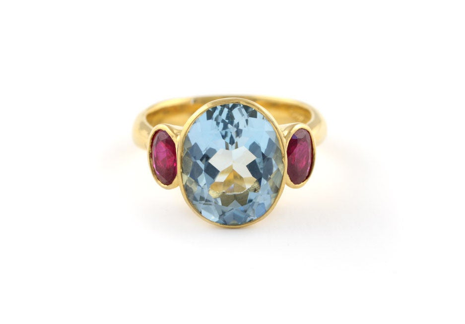 22kt Gold, Aquamarine and Ruby Ring at 1stDibs