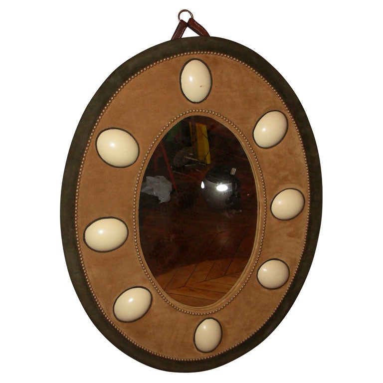 1960s Mirror with Suede and Ostrich Egg Frame For Sale at 1stDibs