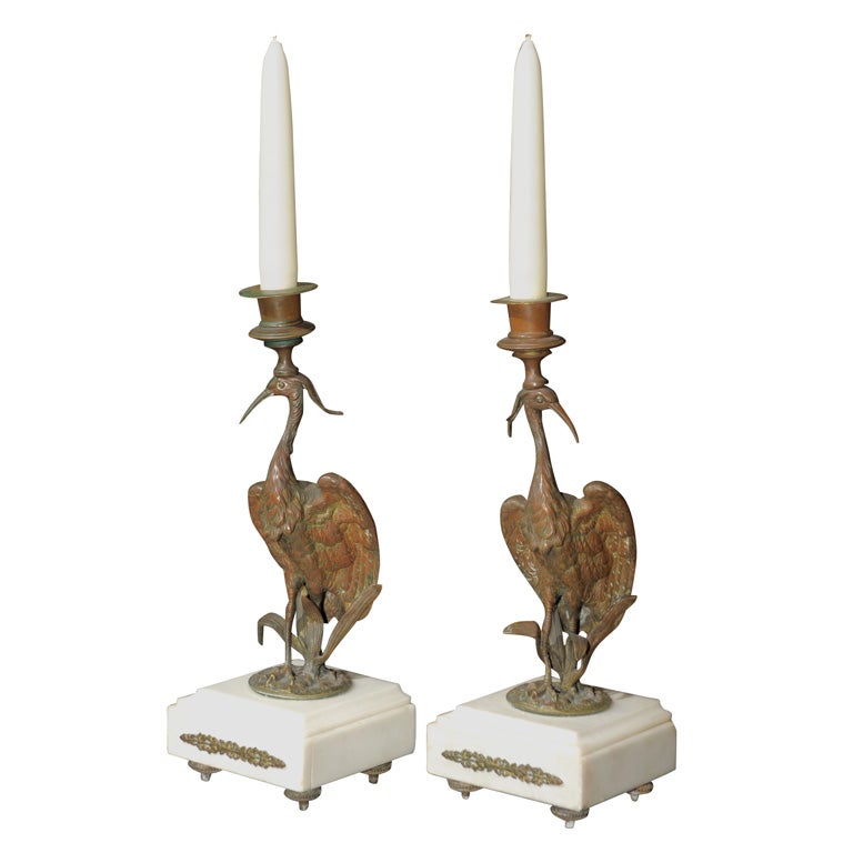 Pair of Turn of the Century Bronze Crane Candlesticks at 1stDibs