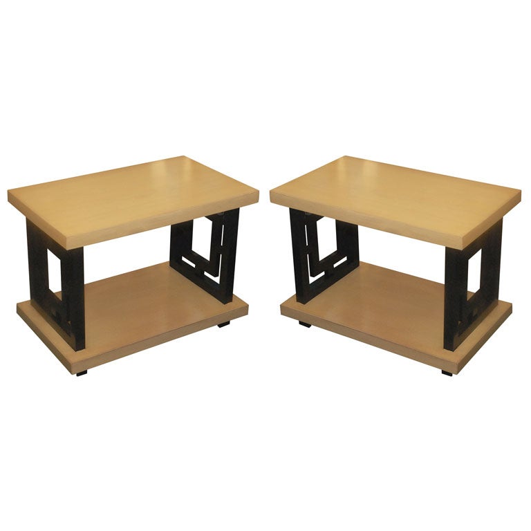 Luther Conover pair of two tone ebony and blonde end tables at 1stDibs