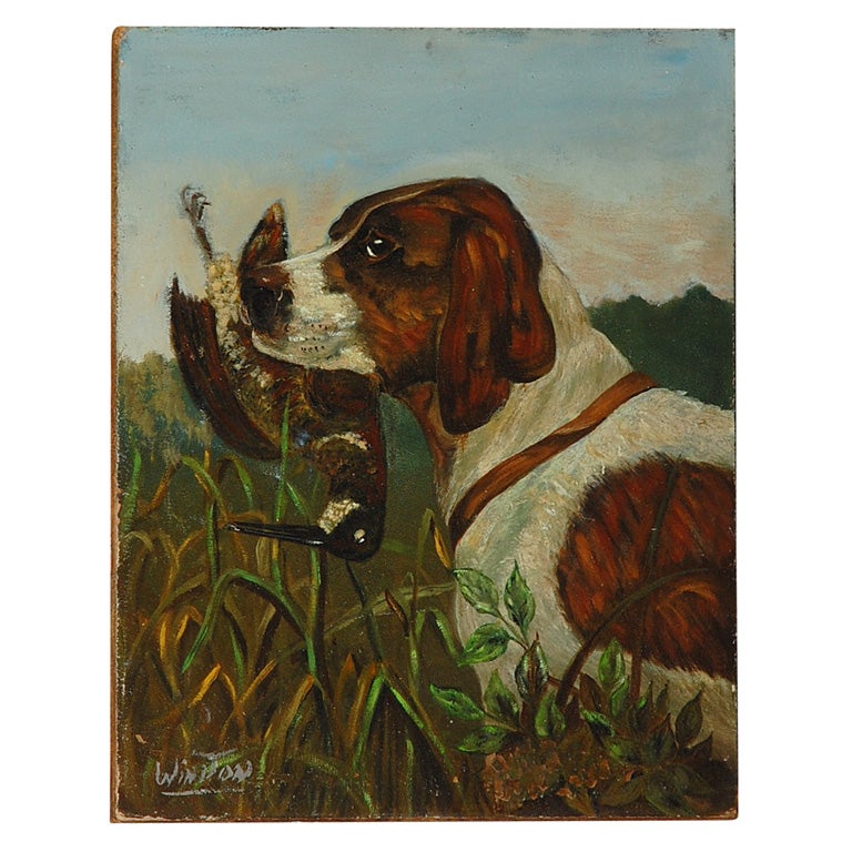 Hunting dog oil painting at 1stDibs