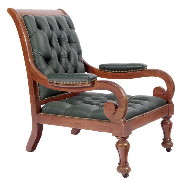 Tufted Leather and Mahogany Barrel-Back Library Chair For Sale at 1stDibs