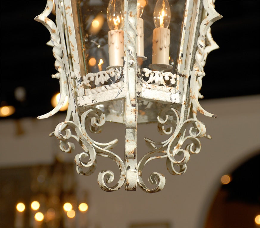 1920s French Rococo Style Painted Metal Three-Light Lantern with ...