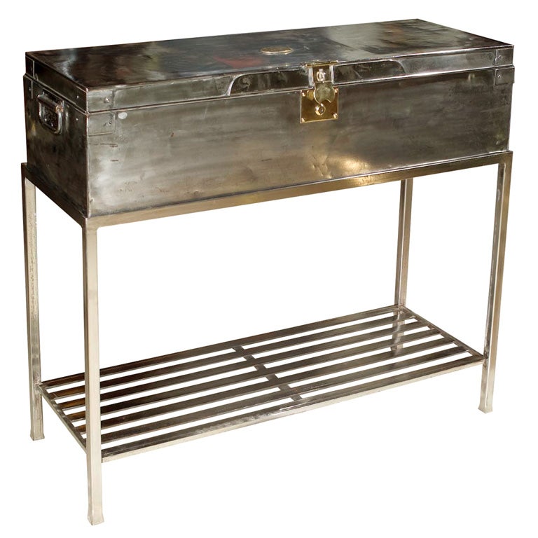 Polished Steel Travel Trunk on Stand at 1stDibs