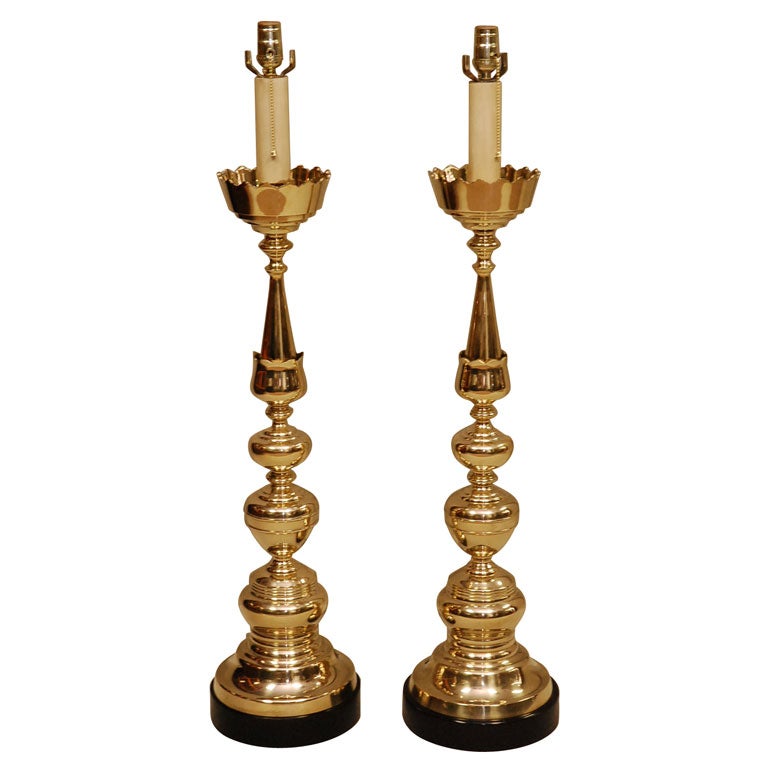 VINTAGE BRASS ROUND COLUMN TABLE LAMPS at 1stDibs