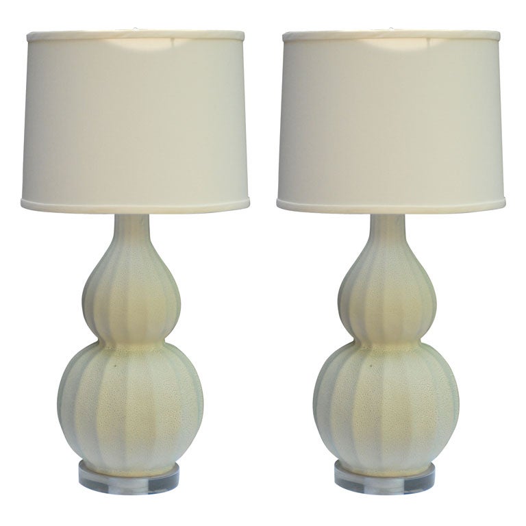 A Pair of Celadon Shagreen Fluted Gourd Lamps at 1stDibs