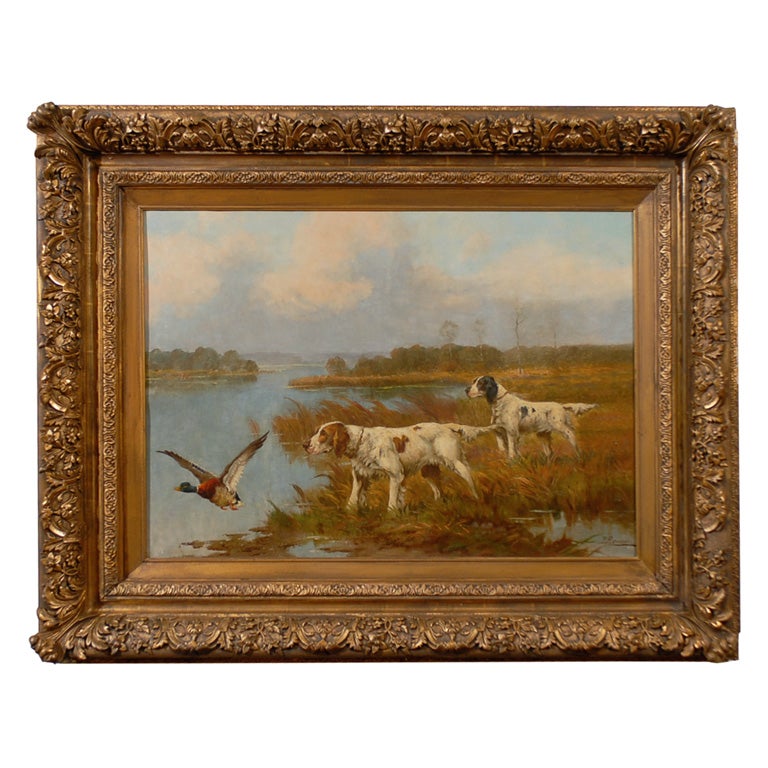 French Oil Painting Setters Flushing Duck at 1stDibs