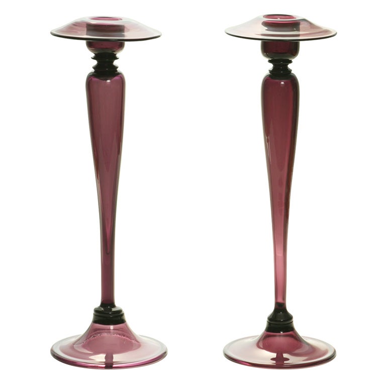 PAIR OF STEUBEN AMETHYST TALL CANDLESTICKS at 1stDibs