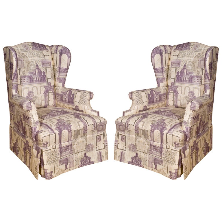 Paris Architecture Toile wing chairs at 1stDibs