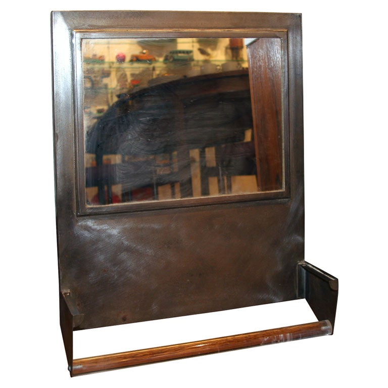 Machine age mirror with original glass towel rack For Sale at 1stDibs