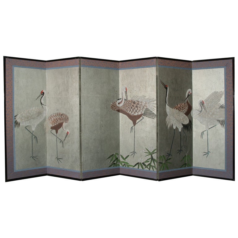Japanese style six panel paper screen crane birds silver leaf at 1stDibs
