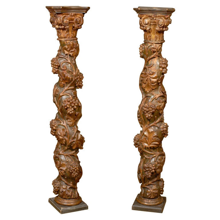 Pair of 18th Century French Baroque Style Carved and Painted Solomonic ...