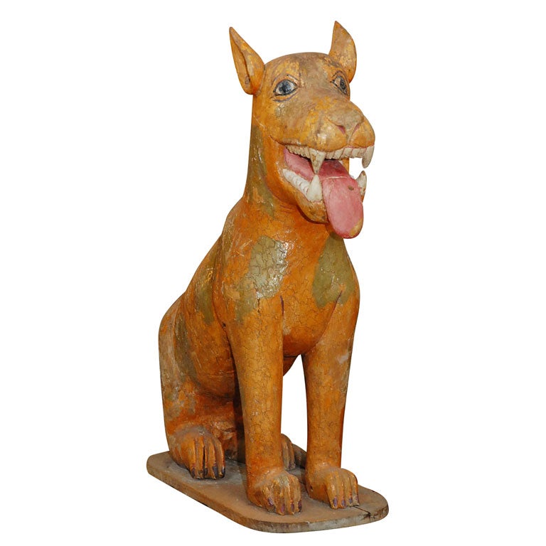 Wooden Carved and Painted Buddhist Temple Dog at 1stDibs