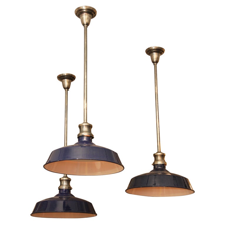 Group of Three Cobalt Blue Enamel Industrial Pendant Lights at 1stDibs