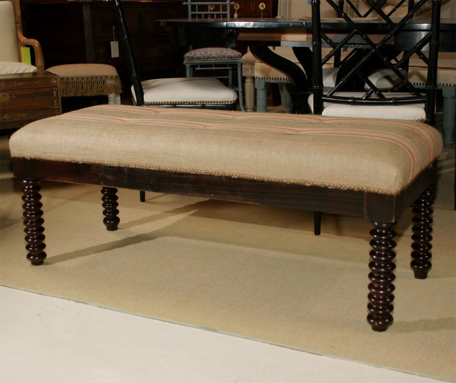 Spool Leg Upholstered Burlap and Nailhead Bench at 1stDibs