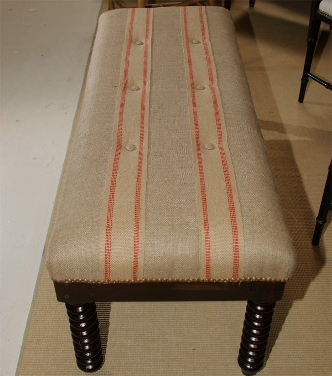 Spool Leg Upholstered Burlap and Nailhead Bench at 1stDibs
