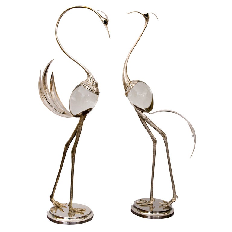 Pair of Signed Italian Crystal and Silverplate Cranes by Lagini at 1stDibs