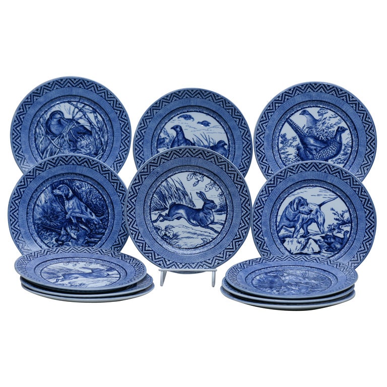Set of 12 Wedgwood 19th Century Blue and White Game Subjects Dinner ...