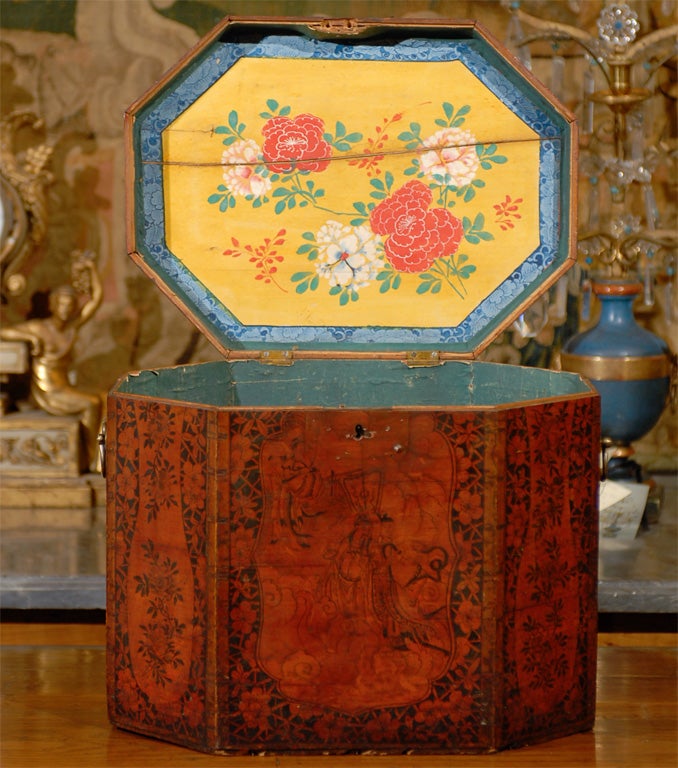Large Chinoiserie Painted English Hat Box with Octagonal Form at 1stDibs