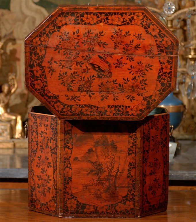 Large Chinoiserie Painted English Hat Box with Octagonal Form at 1stDibs