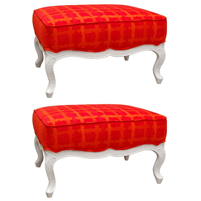 PAIR OF CARVED LEG UPHOLSTERED OTTOMANS at 1stDibs