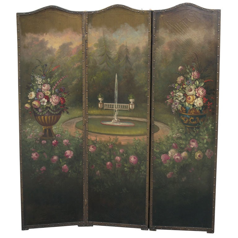 Fabulous Hand Painted Three-Part Leather Screen at 1stDibs
