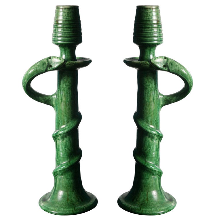 Pair of Pottery Snake Candlesticks from Belgium at 1stDibs