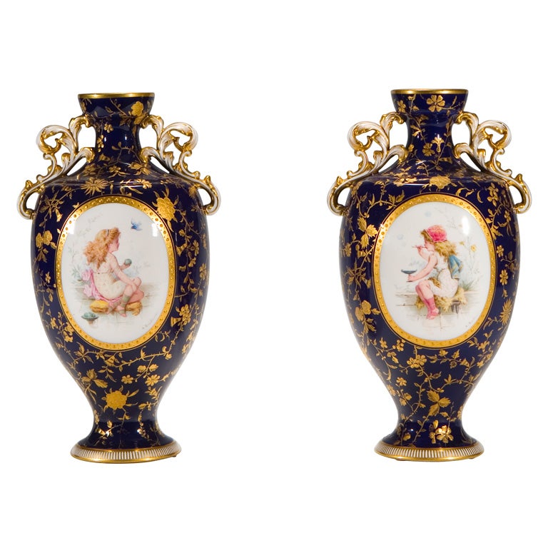 Pair of Minton Hand-Painted Vases A. Boullemier at 1stDibs