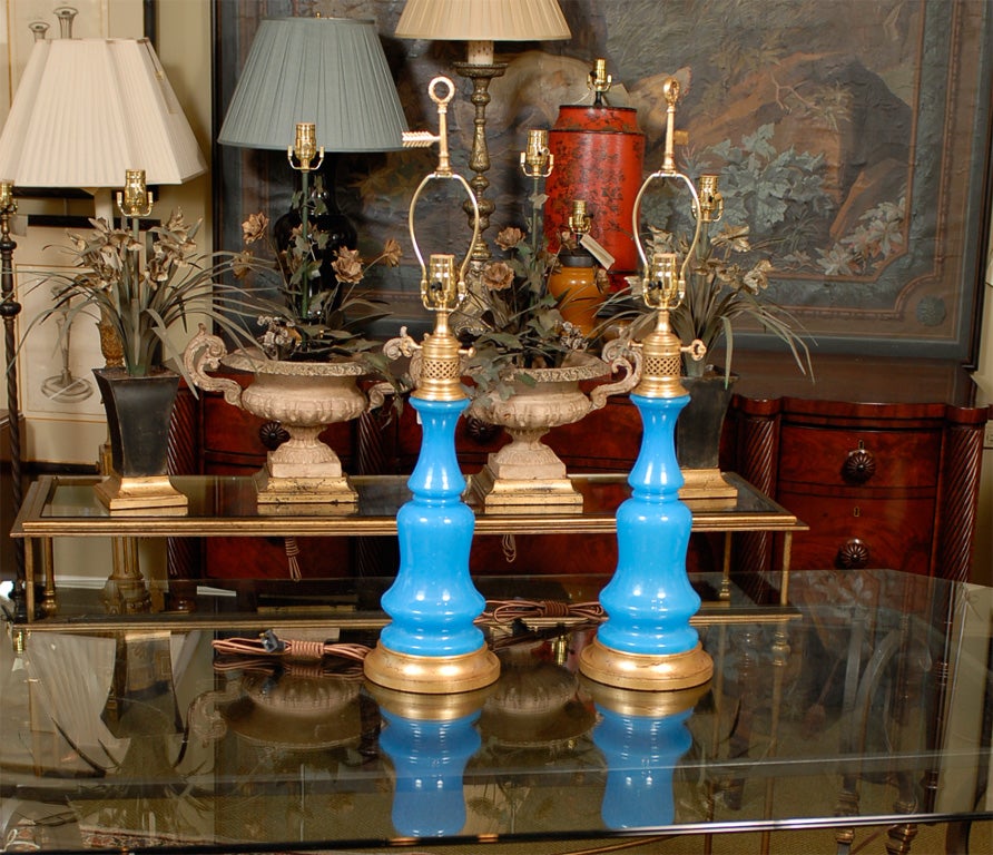 Pair 19th c. Bristol glass lamps adapted for electricity at 1stDibs