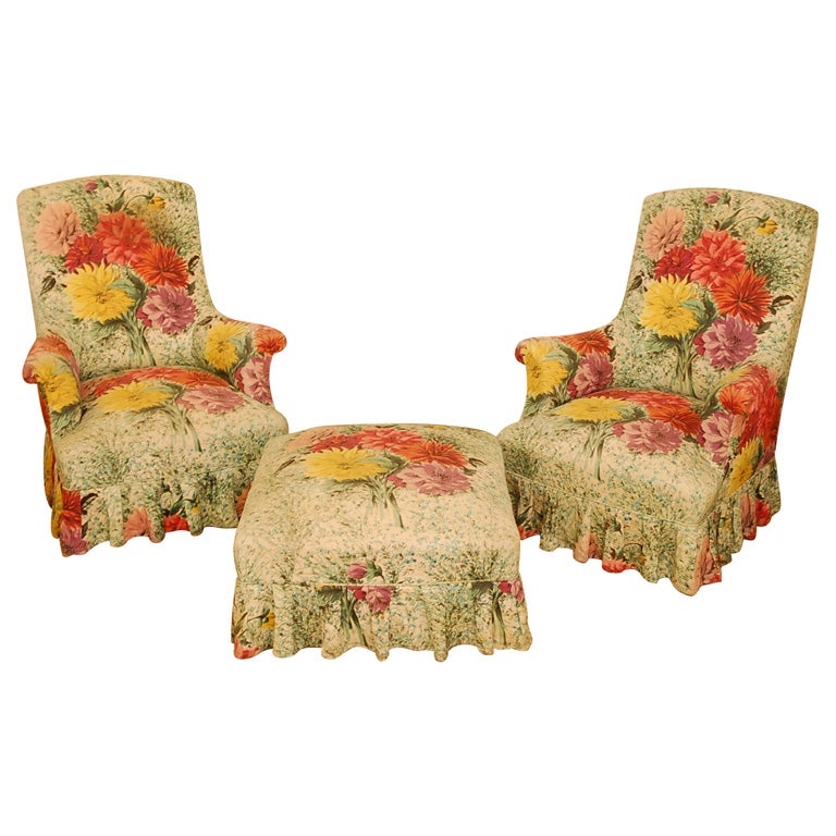 Pair of Arm Chairs and Matching Ottoman at 1stDibs