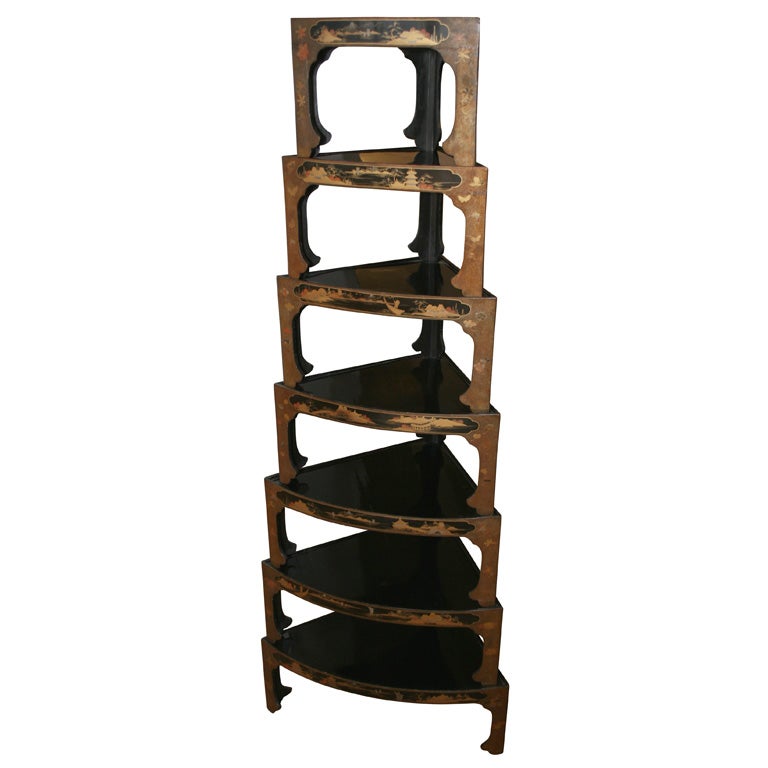 Nest of Seven Gilt-Decorated Black Lacquer Stacking Tables at 1stDibs