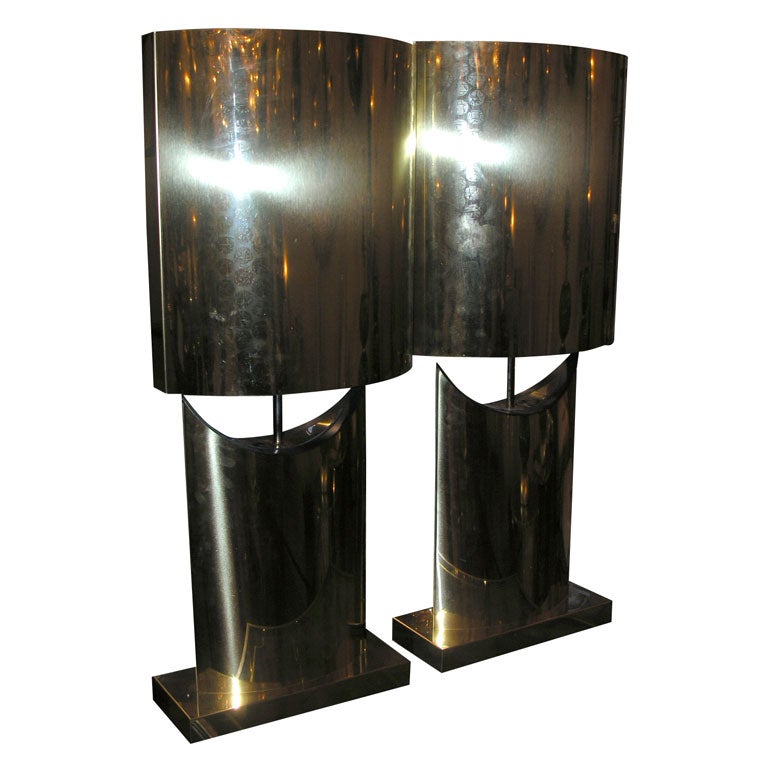 Pair of Curtis Jere brass table lamps with original shades at 1stDibs