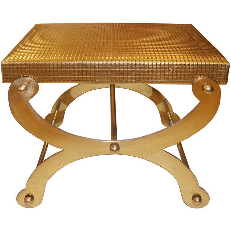 Brass Vanity Stool Upholstered in Gold Metallic Leather at 1stDibs