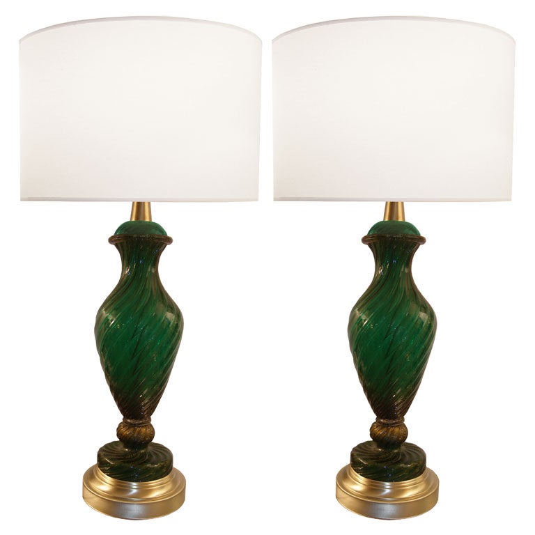 Pair of Barovier Green and Gold Glass Lamps For Sale at 1stDibs