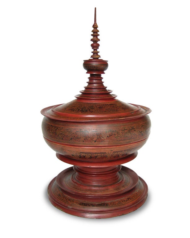 BURMESE RED LACQUERED TURNED WOODEN COVERED OFFERING at 1stDibs