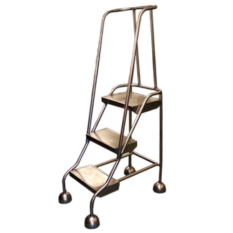 Vintage Polished Metal Tall Library Steps at 1stDibs