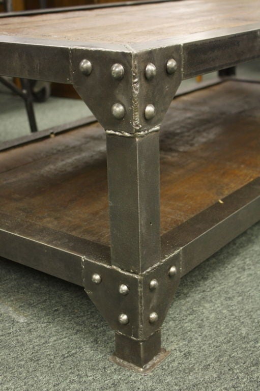 Handsome Industrial French Riveted Steel and Wood Coffee Table at 1stDibs