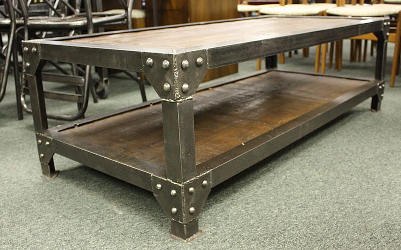 Handsome Industrial French Riveted Steel and Wood Coffee Table at 1stDibs