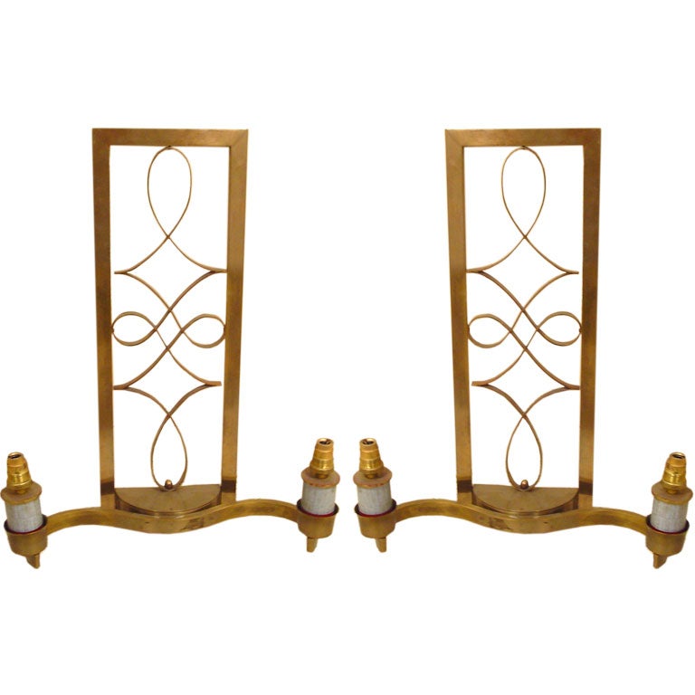 Pair of Brass Two-Light Wall Sconces w/Rectangular Wall Support at 1stDibs