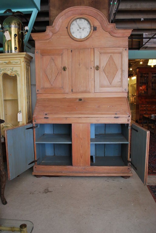 Antique Swedish Pine Secretary Desk with Clock at 1stDibs | antique ...